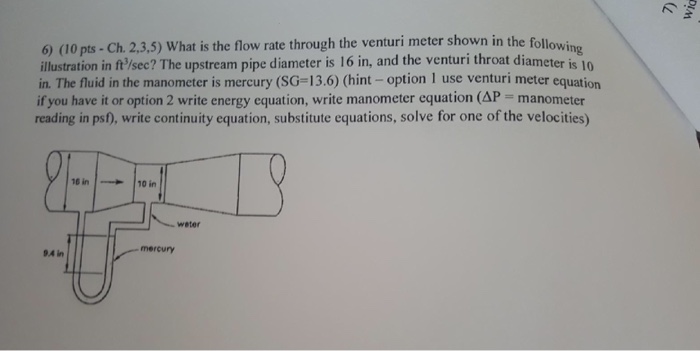 Solved What is the flow rate through the venture meter shown | Chegg.com