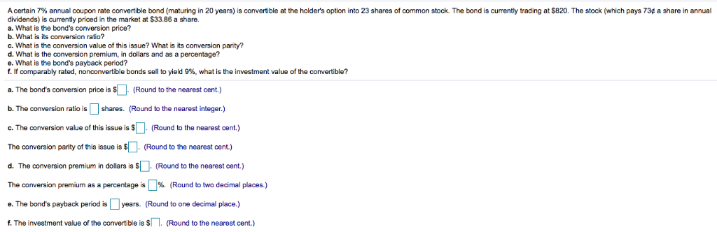 Solved A certain 7% annual coupon rate convertible bond | Chegg.com