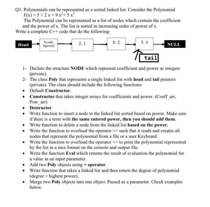 Solved Q1: Polynomials can be represented as a sorted linked | Chegg.com