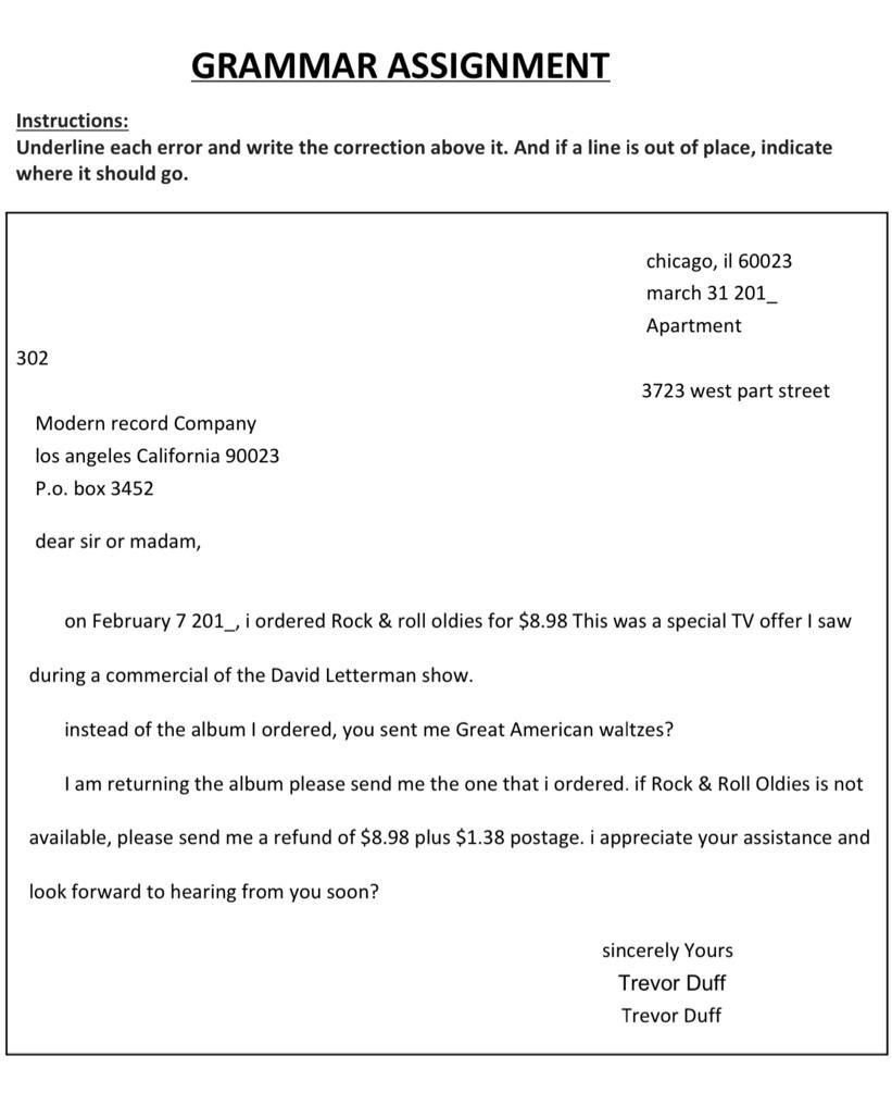 Solved GRAMMAR ASSIGNMENT Instructions: Underline each error | Chegg.com