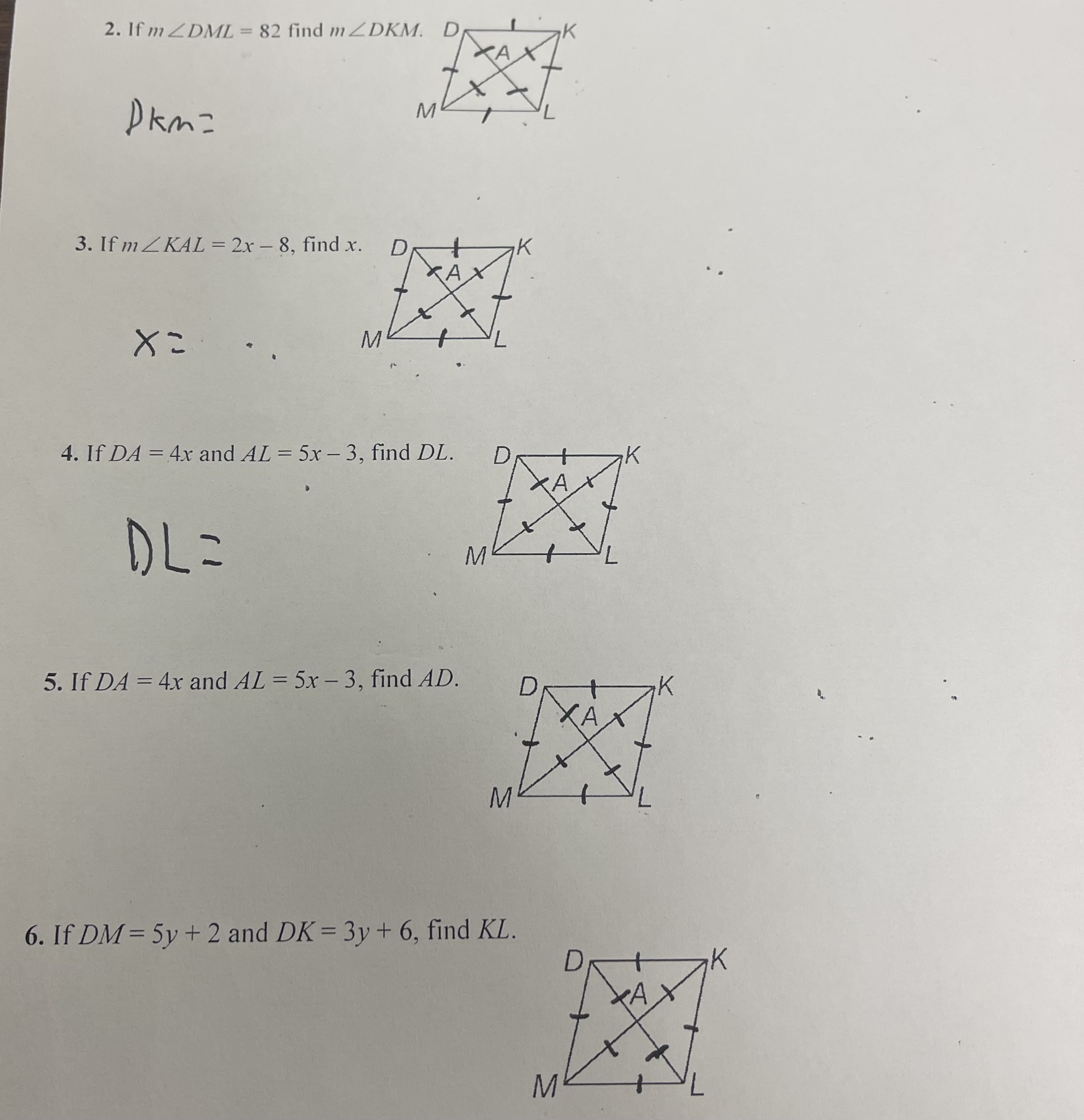 Solved 2. If m∠DML=82 find m∠DK∧ Bkm = 3. If m∠KAL=2x−8, | Chegg.com