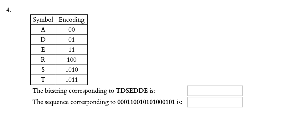 Solved 4. Symbol Encoding А 00 D 01 E 11 R 100 S 1010 T 1011 | Chegg.com