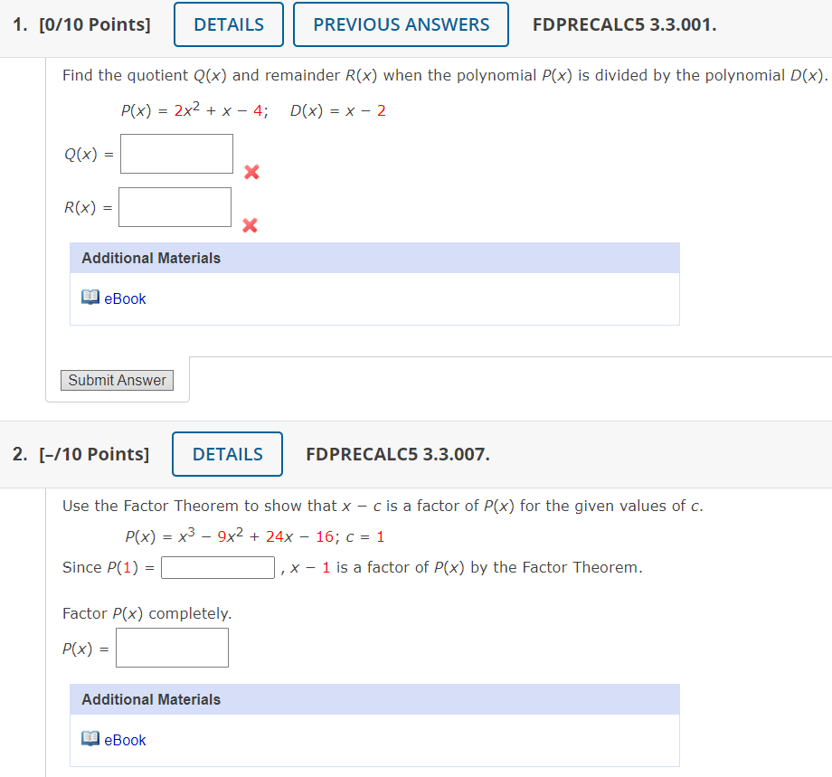 Solved 1. [0/10 Points ] Find the quotient Q(x) and | Chegg.com