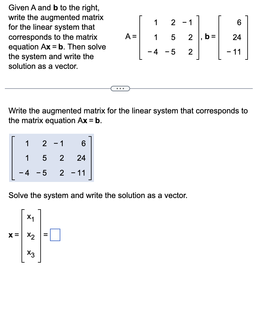 Solved Given A and b to the right, write the augmented | Chegg.com