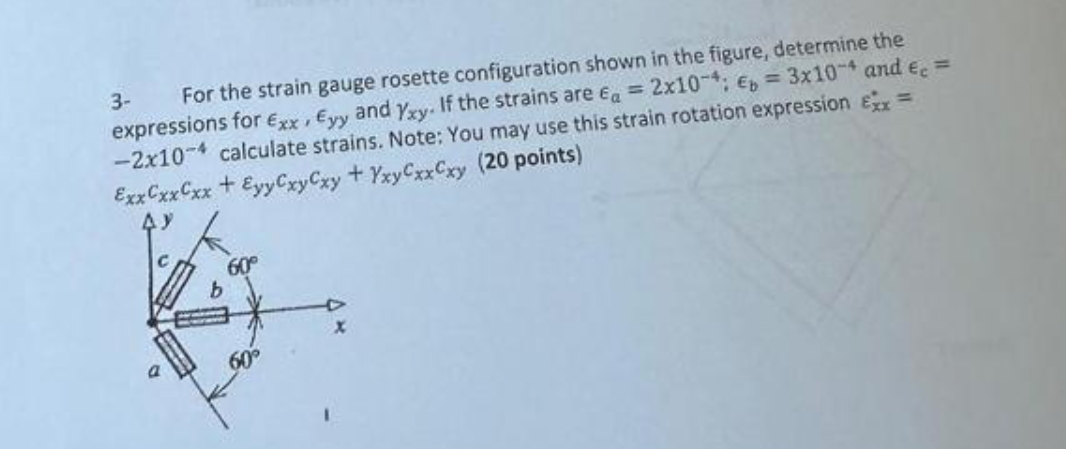 Solved 3- ﻿For the strain gauge rosette configuration shown | Chegg.com