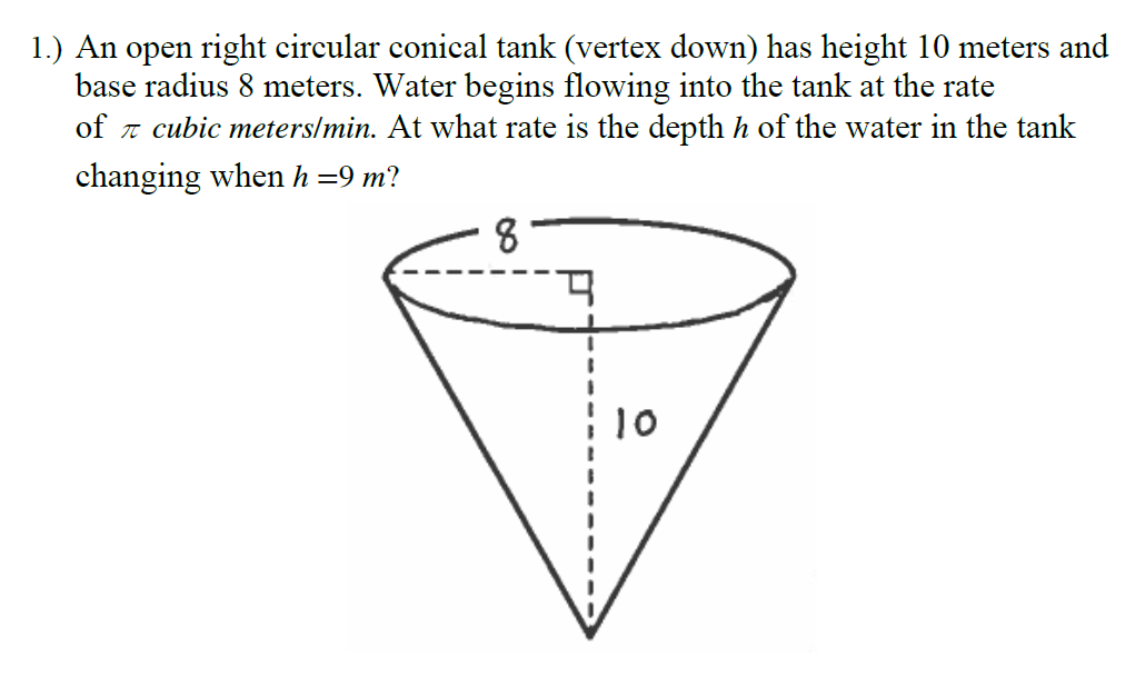 Solved 1.) An open right circular conical tank (vertex down) | Chegg.com