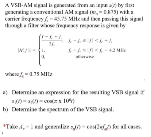 Solved A VSB-AM signal is generated from an input s(t) by | Chegg.com