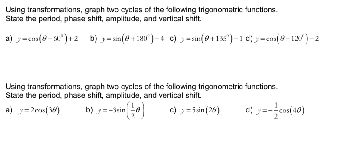 Solved Using transformations, graph two cycles of the | Chegg.com