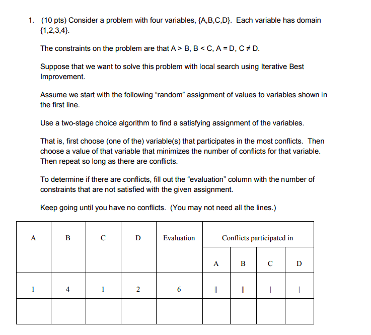 1. (10 pts) Consider a problem with four variables, | Chegg.com