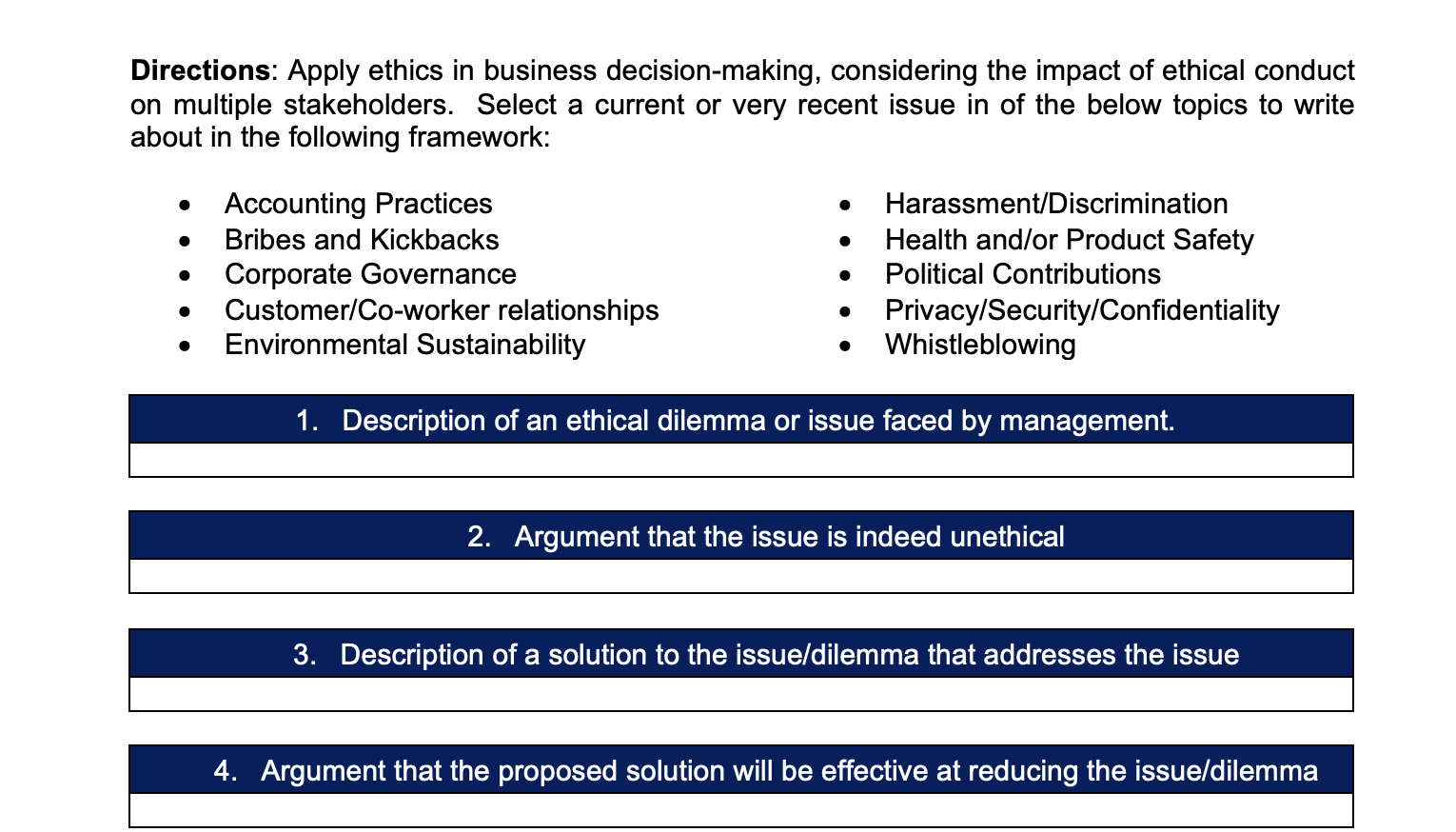 Solved Directions: Apply ethics in business decision-making, | Chegg.com