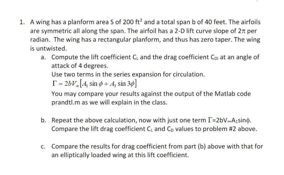 Solved A wing has a planform area S of 200ft2 and a total | Chegg.com