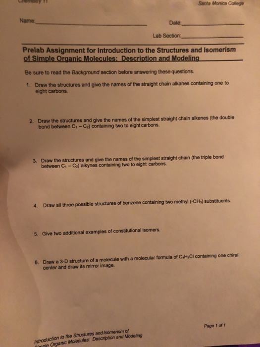 Solved Santa Monica College Name Date: Lab Section Prelab | Chegg.com