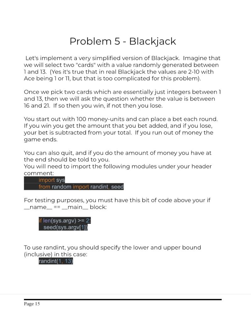 Solved Problem 5 - Blackjack Let's implement a very | Chegg.com