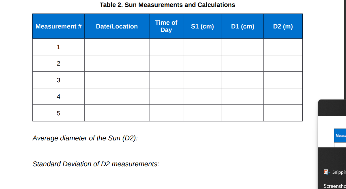 Table 2. Sun Measurements and Calculations Average | Chegg.com
