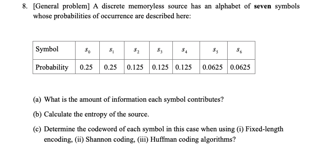 Solved 8. [General problem] A discrete memoryless source has | Chegg.com