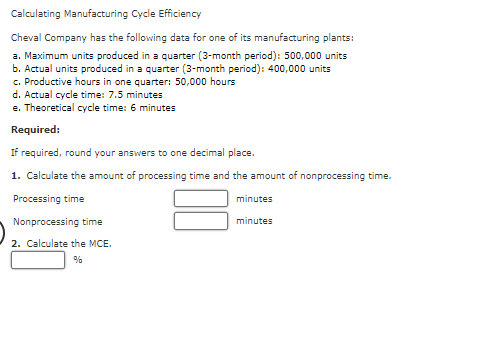 Solved Calculating Manufacturing Cycle Efficiency Cheval | Chegg.com