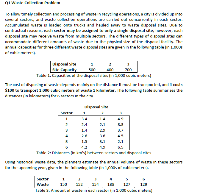 Solved Q1 ﻿Waste Collection ProblemTo allow timely | Chegg.com