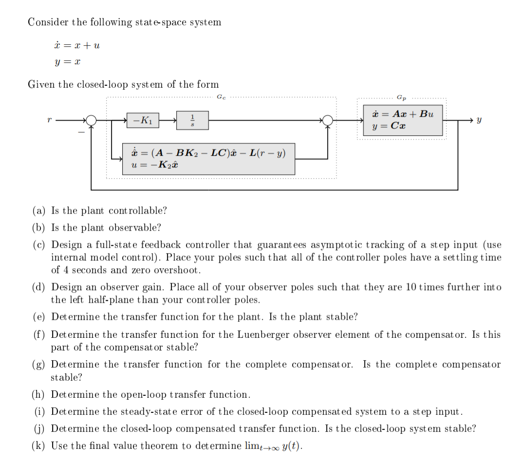 Consider the following state-space system =+u y = 2 | Chegg.com