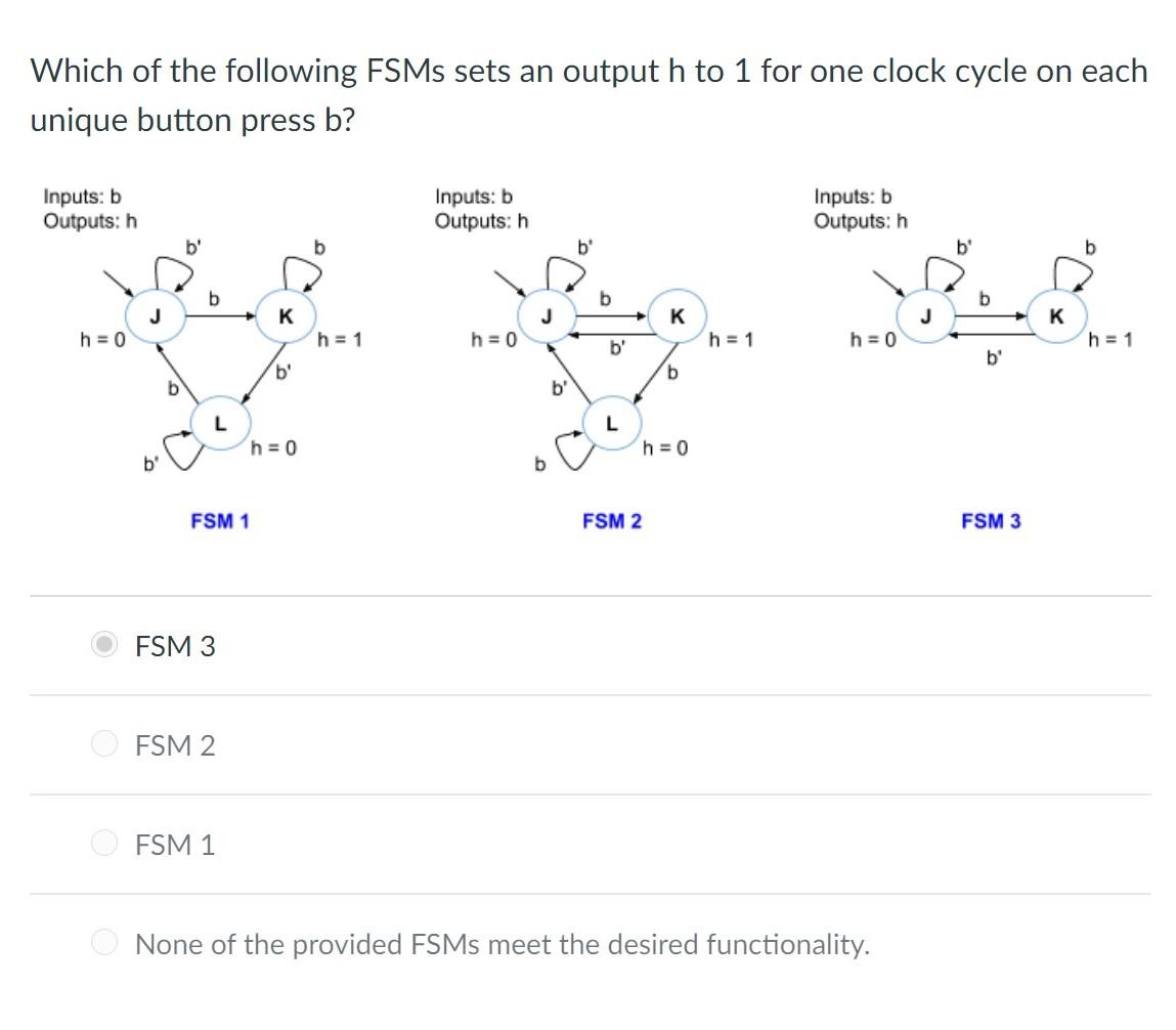 Solved 1) Which of the following FSMs sets an output h to 1 | Chegg.com