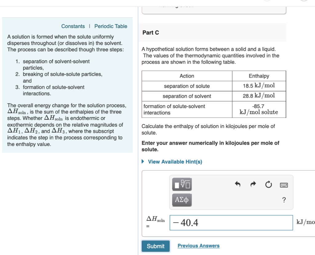 Solved Constants Periodic Table Part C A solution is formed | Chegg.com