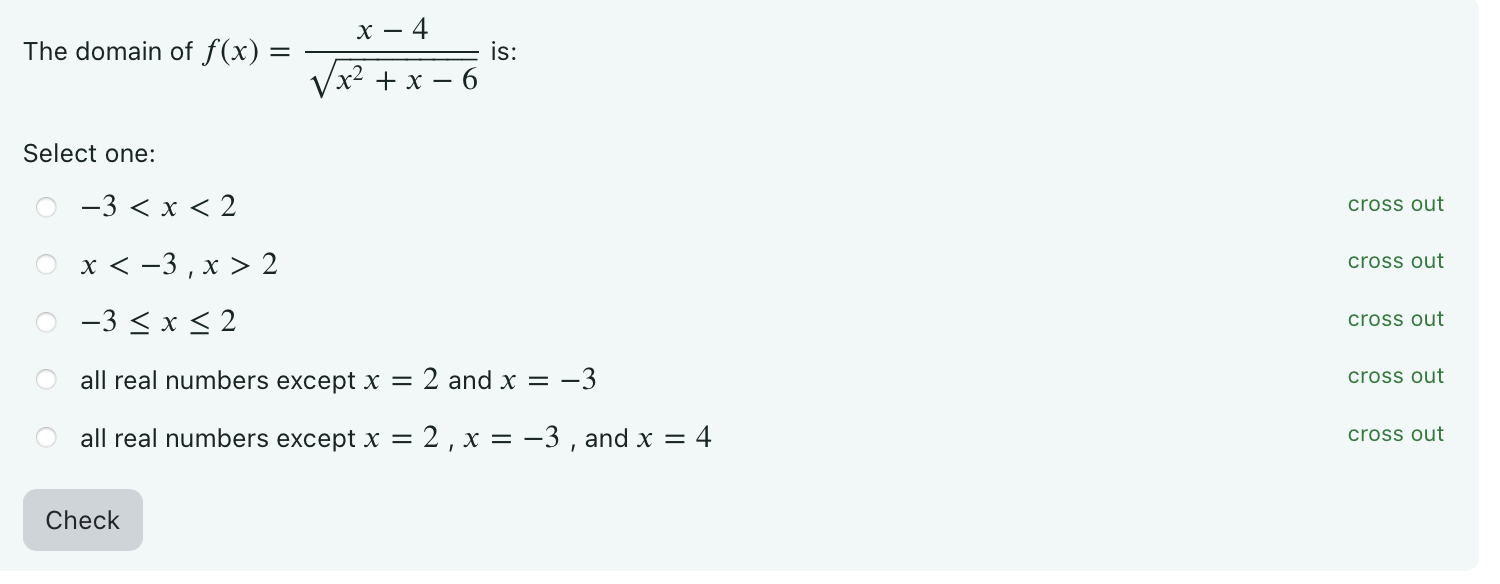 Solved The domain of f(x)=x-4x2+x-62 ﻿is:Select | Chegg.com
