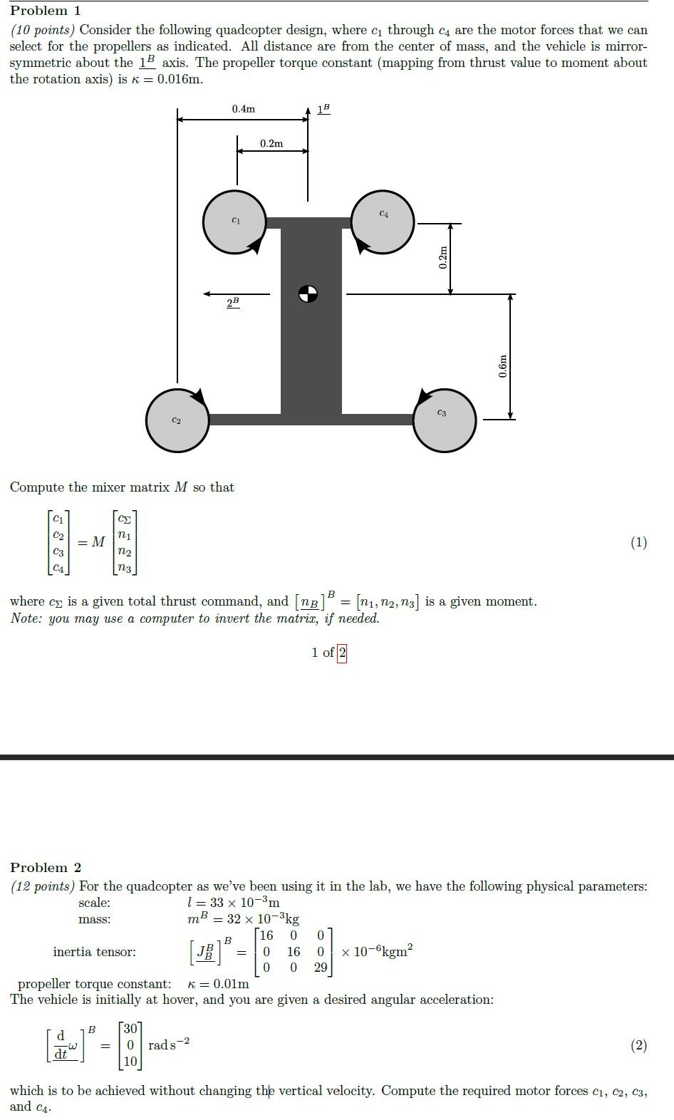 (10 points) Consider the following quadcopter design, | Chegg.com