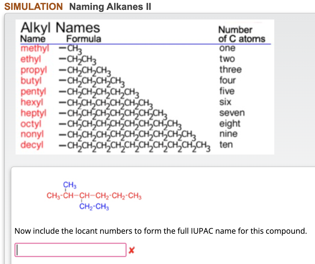 Solved SIMULATION Naming Alkanes II Now include the locant | Chegg.com
