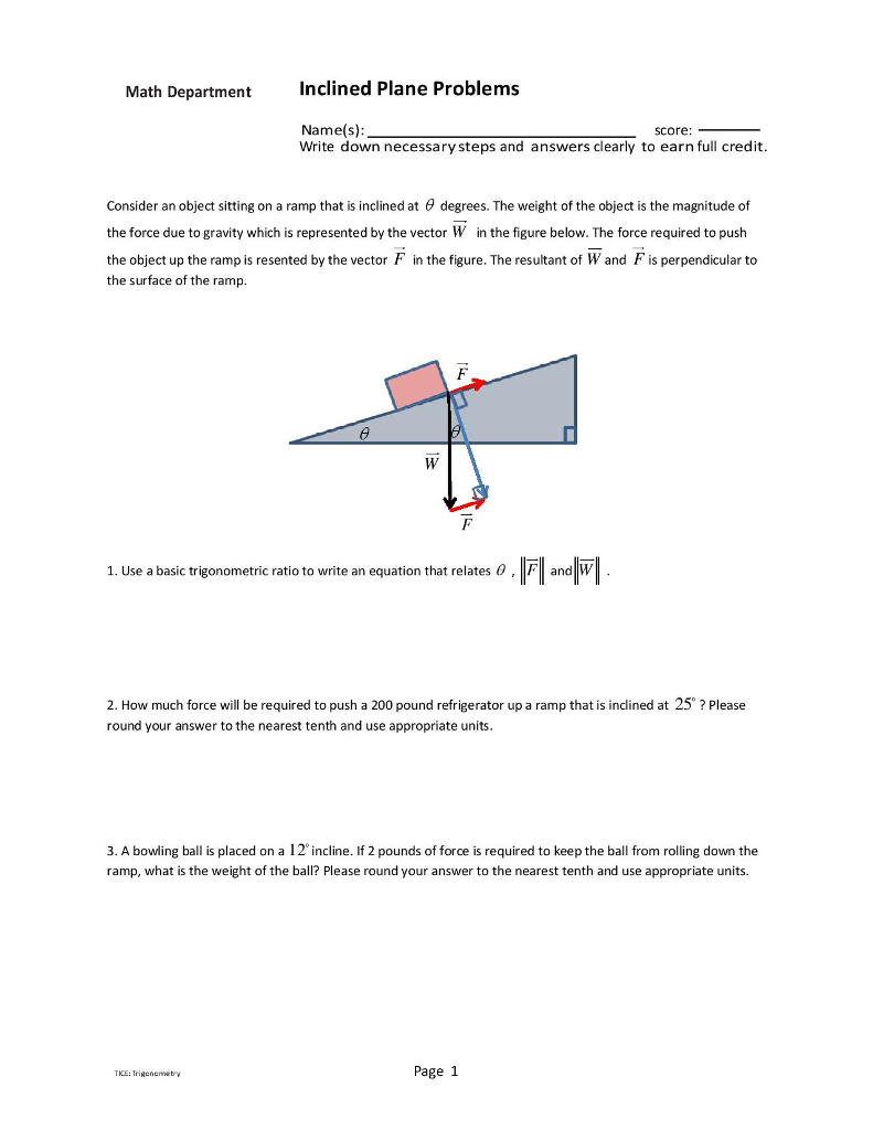 Solved Math Department Inclined Plane Problems Name(s): | Chegg.com