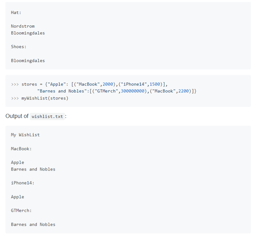 Solved Function Name: myWishlist() Parameters: stores ( dict | Chegg.com