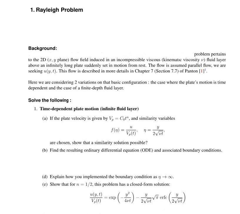 1. Rayleigh Problem Background: problem pertains to | Chegg.com