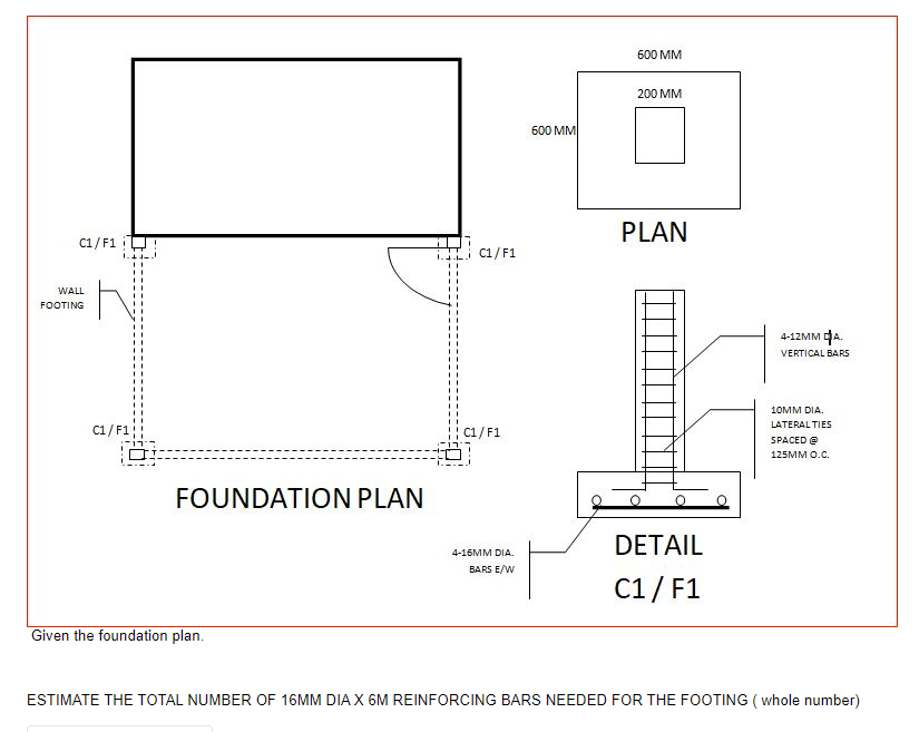 Solved 600 MM 200 MM 600 MM PLAN c1/F1 01/F1 WALL FOOTING | Chegg.com