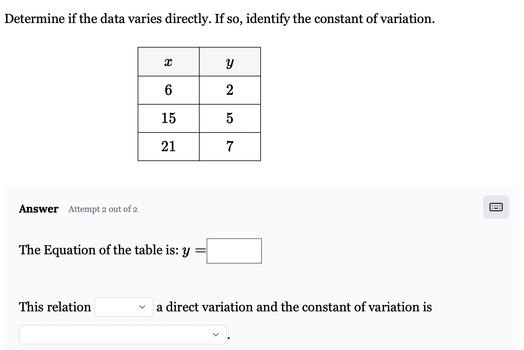 Solved Determine if the data varies directly. If so, | Chegg.com