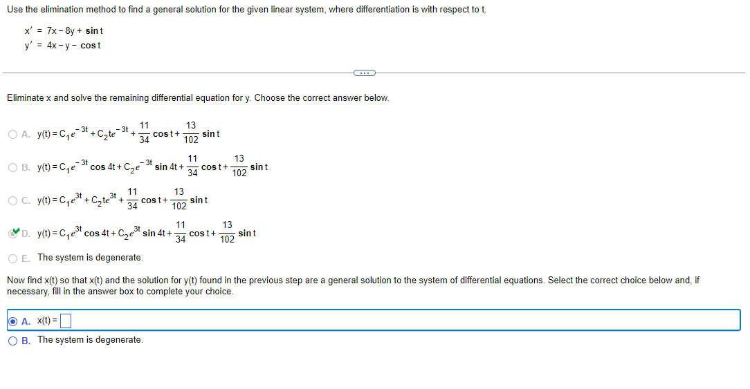 Solved Use the elimination method to find a general solution | Chegg.com