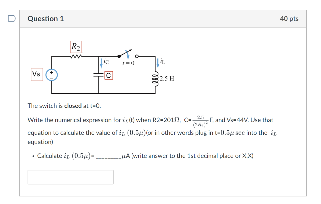 Solved The switch is closed at t=0. Write the numerical | Chegg.com