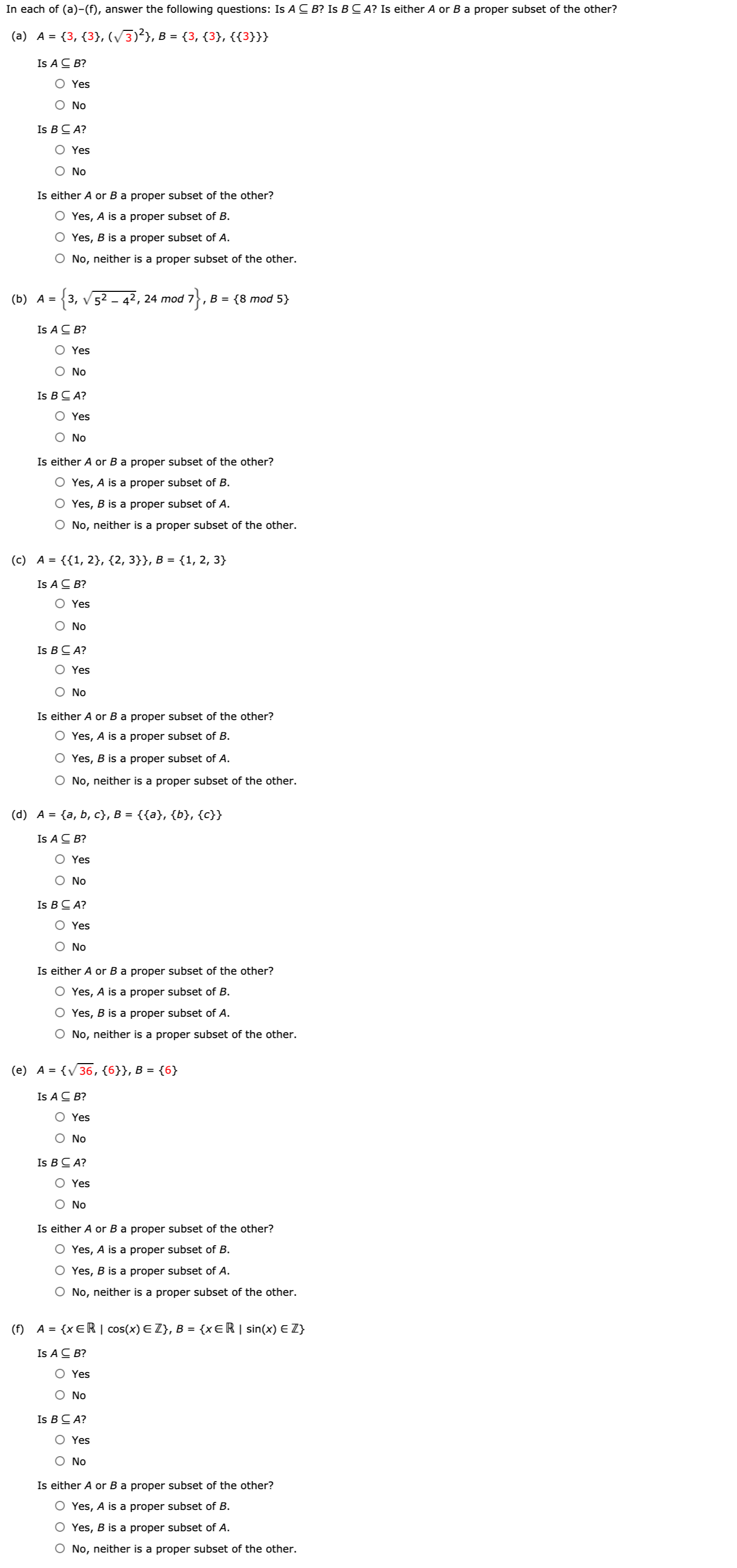 Solved In each of (a)-(f), answer the following questions: | Chegg.com