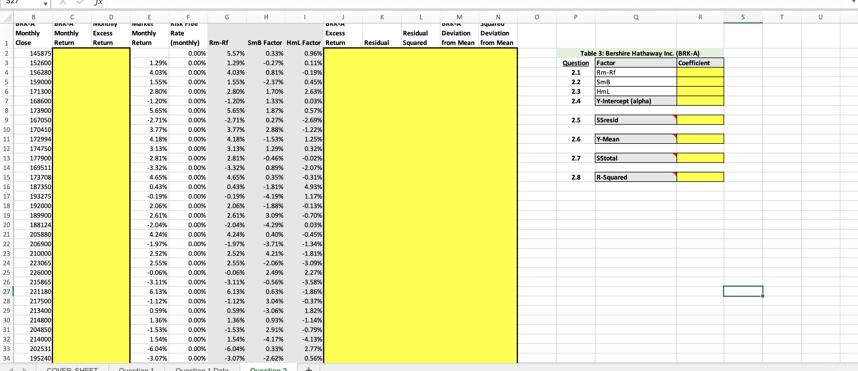 excel workresidualmeanrfplease provide cell functions | Chegg.com