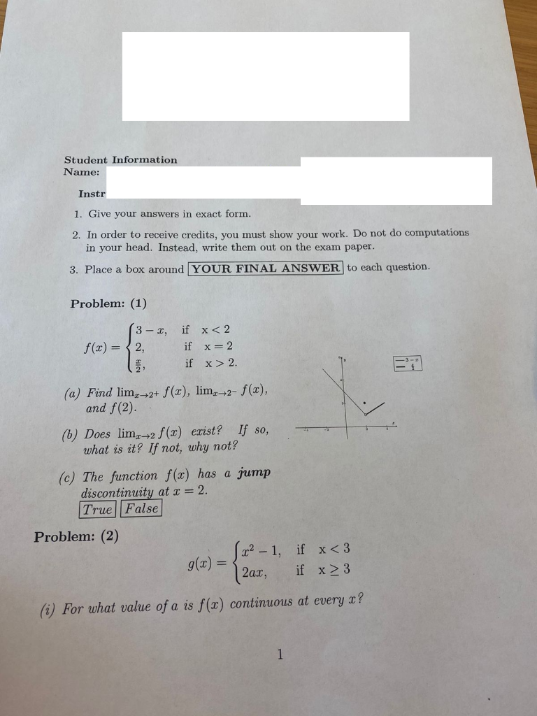 Solved Student Information Name: Instr 1. Give your answers | Chegg.com
