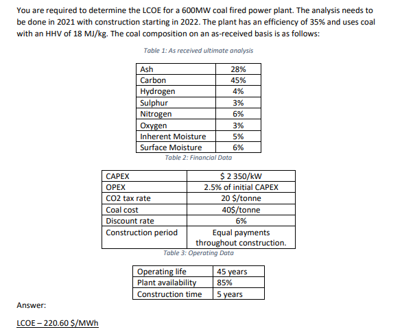 You are required to determine the LCOE for a 600MW | Chegg.com