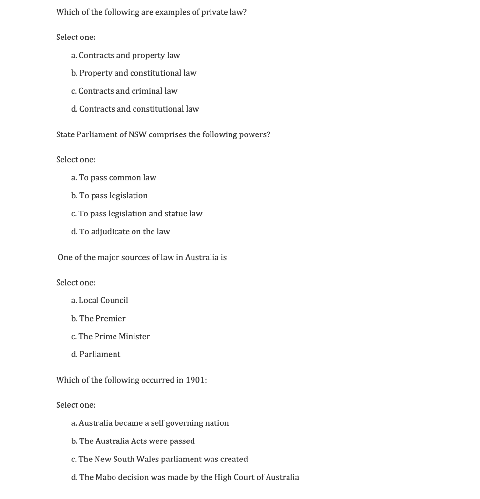 Which of the following are examples of private law? | Chegg.com