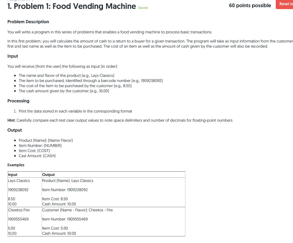 Solved Reset to 1. Problem 1: Food Vending Machine saved 60 | Chegg.com