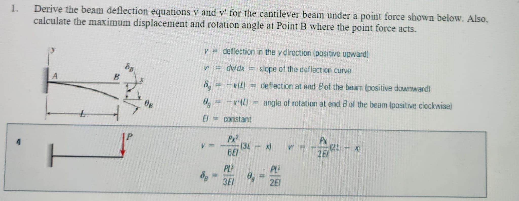 Solved 1. Derive the beam deflection equations v and v′ for | Chegg.com