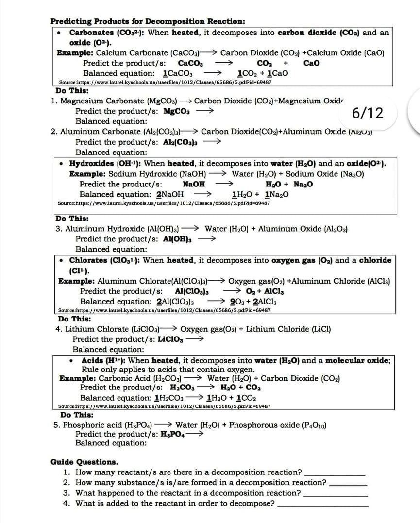Solved Predicting Products for Decomposition Reaction: | Chegg.com
