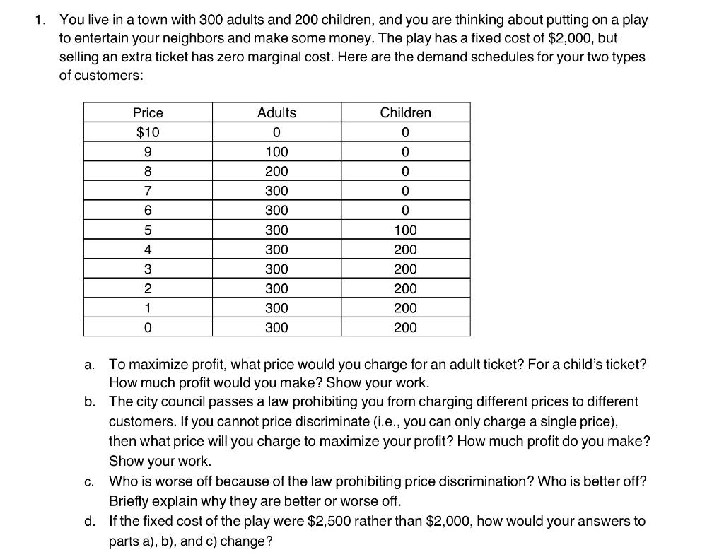 Solved 1. You live in a town with 300 adults and 200 | Chegg.com