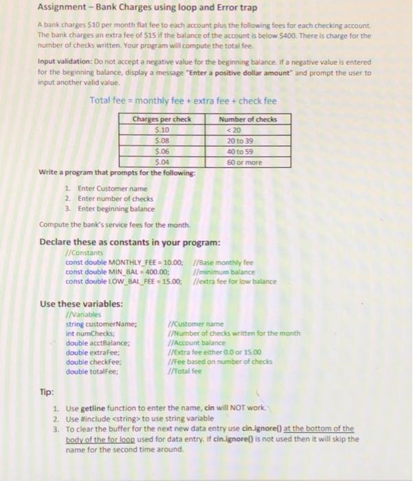 Solved Assignment - Bank Charges using loop and Error trap A | Chegg.com