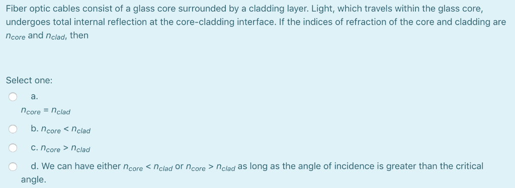 Solved Fiber optic cables consist of a glass core surrounded | Chegg.com