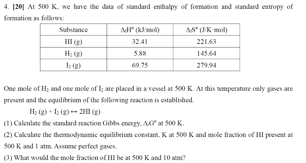 Solved 4. [201 At 500 K, we have the data of standard | Chegg.com