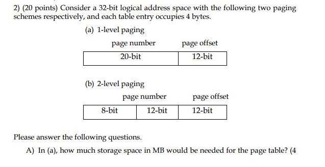 Solved 2 20 Points Consider A 32 Bit Logical Address 