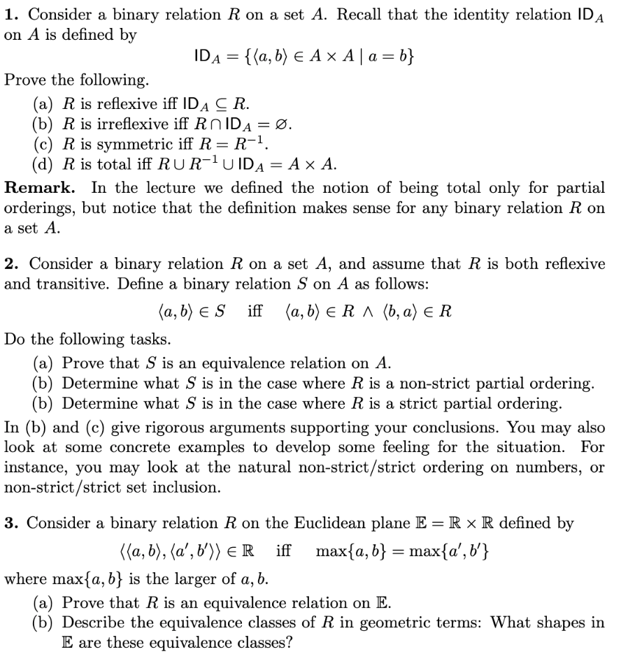 Solved 1. Consider a binary relation R on a set A. Recall | Chegg.com