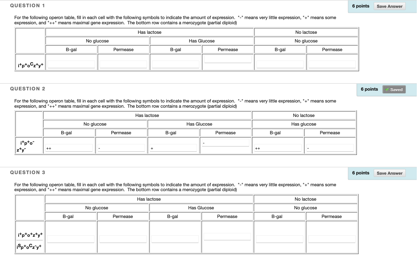 Solved For the following operon table, fill in each cell | Chegg.com