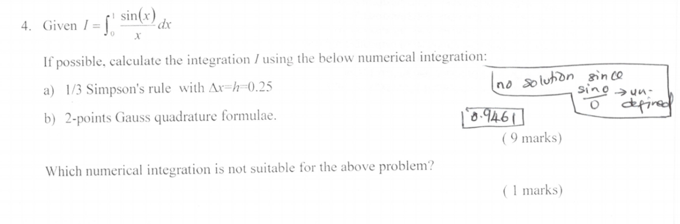 Solved 4. Given 1 = } sin(x) dx X sino un If possible, | Chegg.com